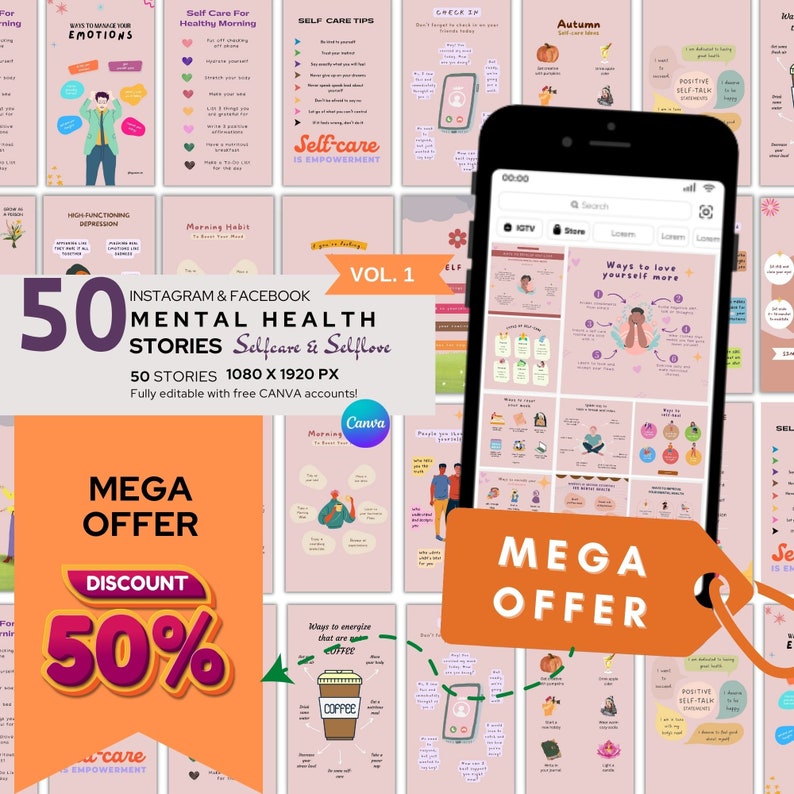 Mental Health and Self Care Instagram Stories Bundle: 50 Editable Canva ...