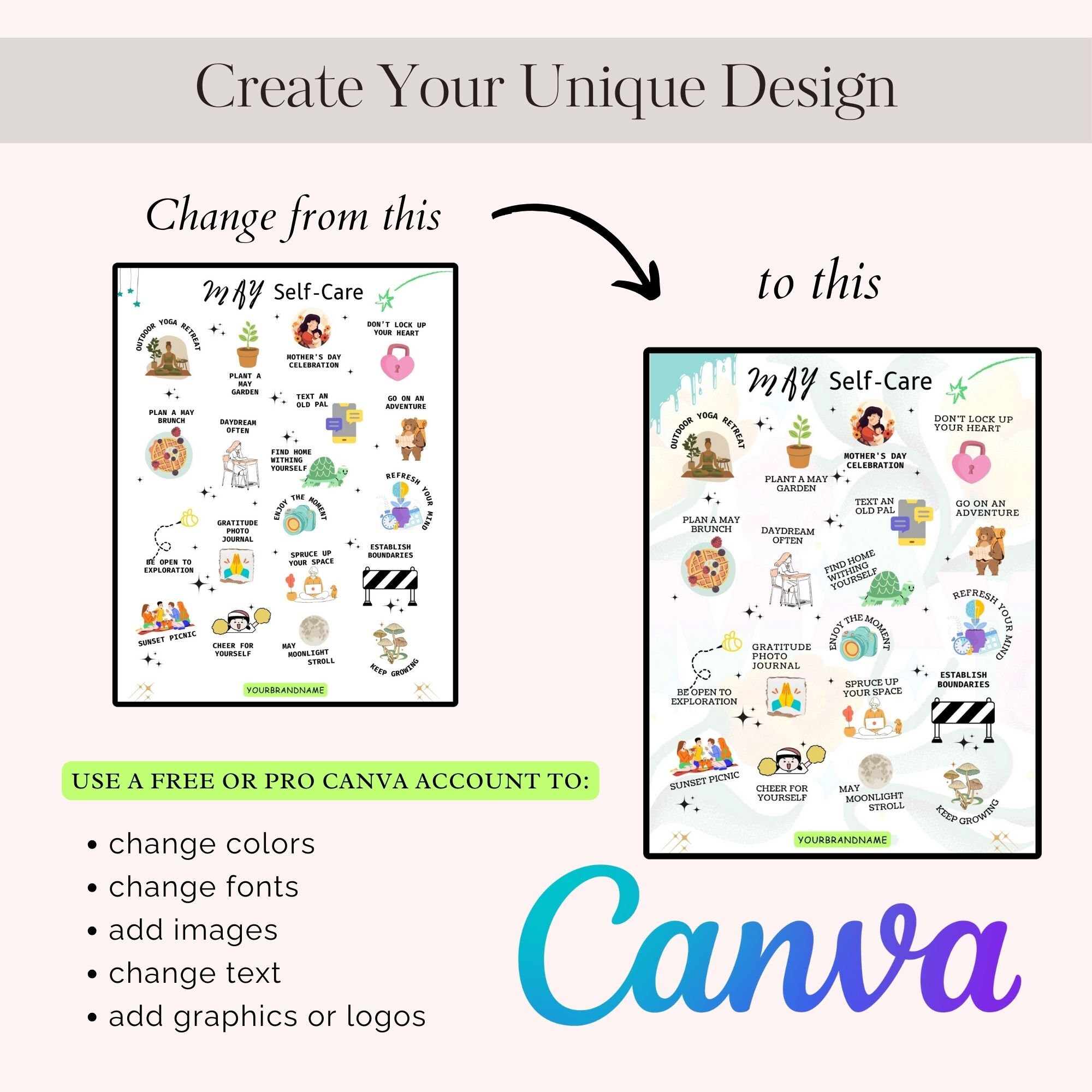 May Self Care Handout, Self Care Coaching Canva Template, Mental Health ...