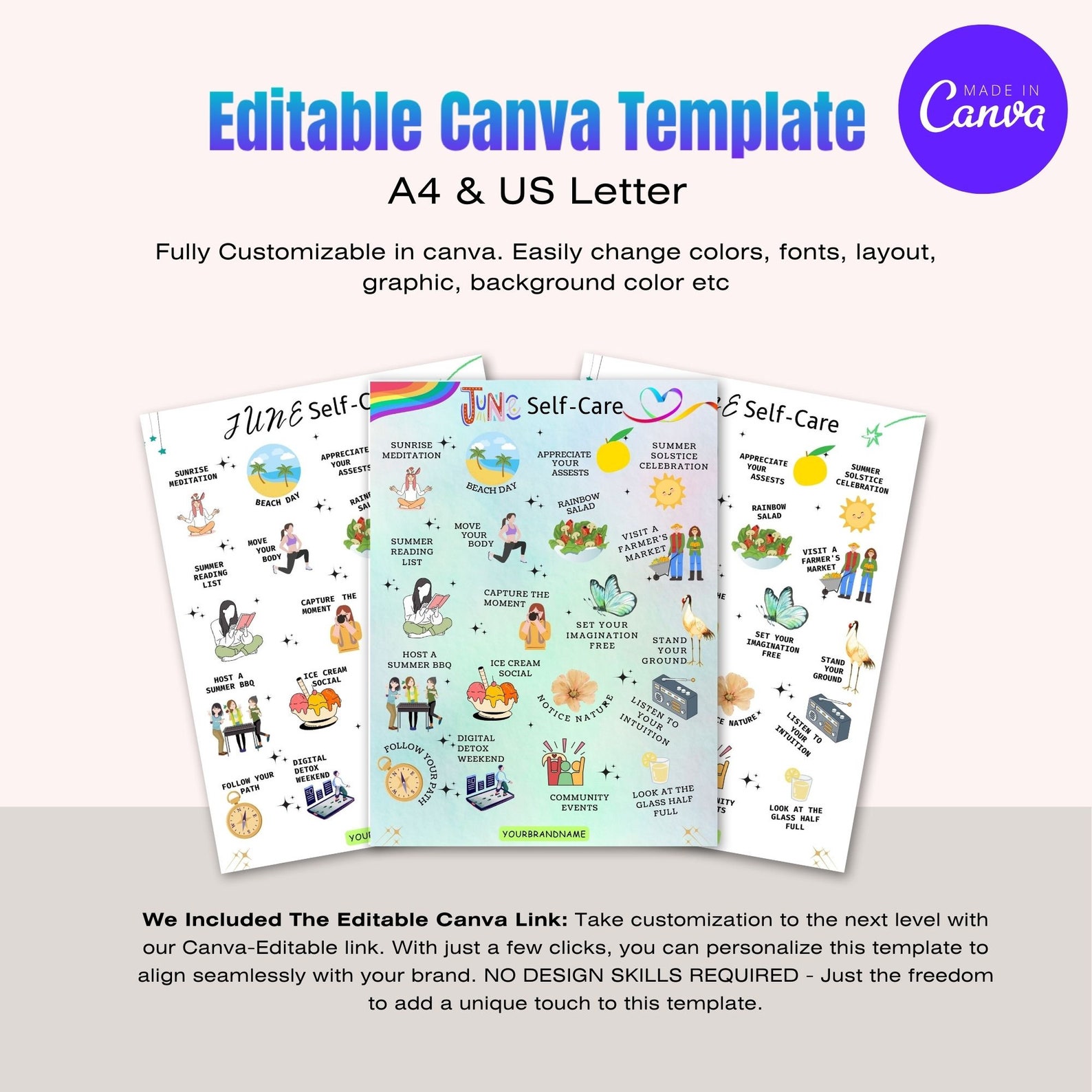 June Self Care Handout, Self Care Coaching Canva Template, Mental ...