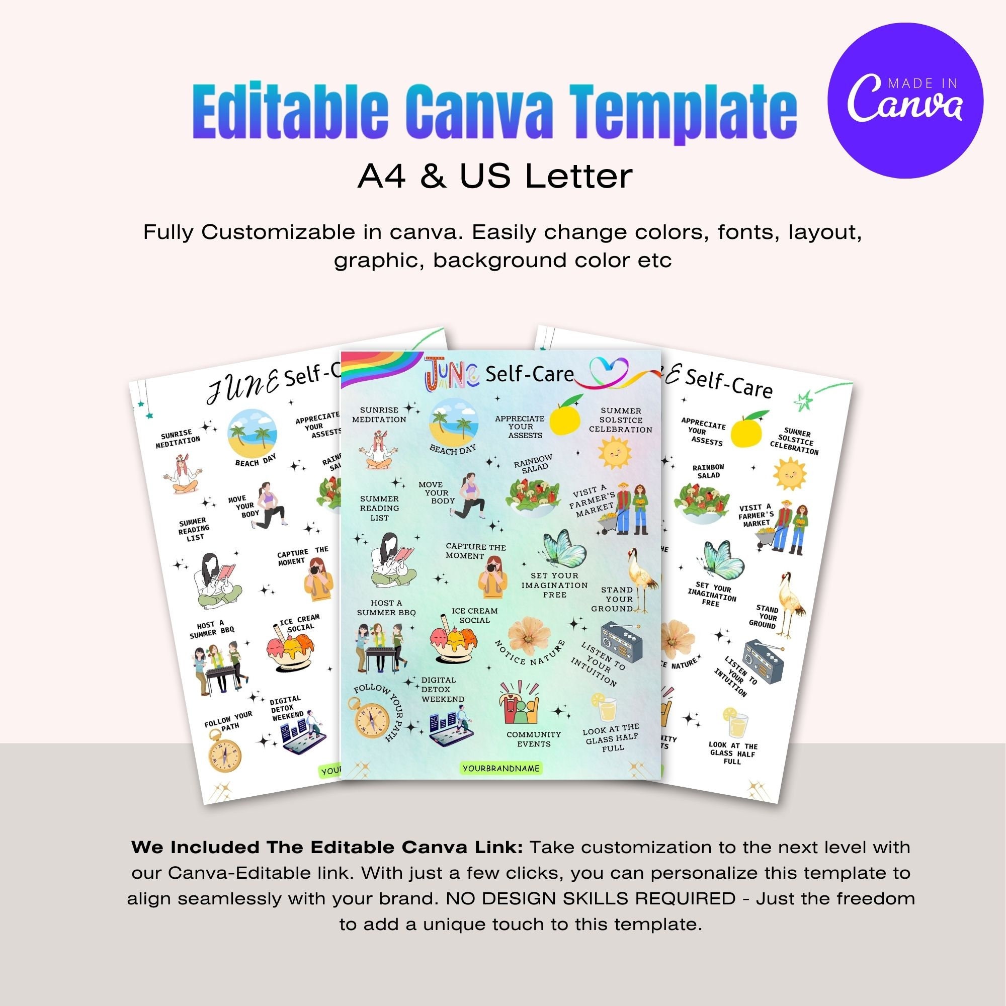 June Self Care Handout, Self Care Coaching Canva Template, Mental ...