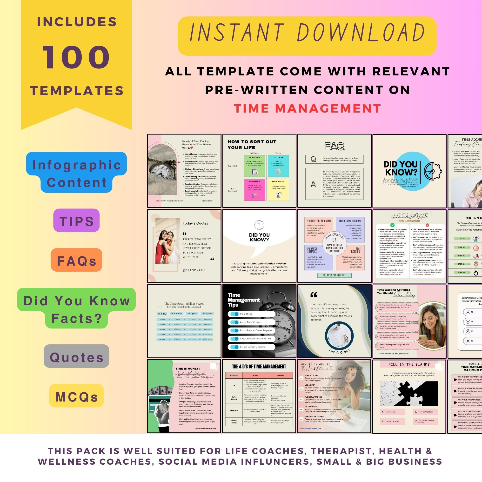 100 Time Management Instagram Post, Canva Template, Social Media Post ...