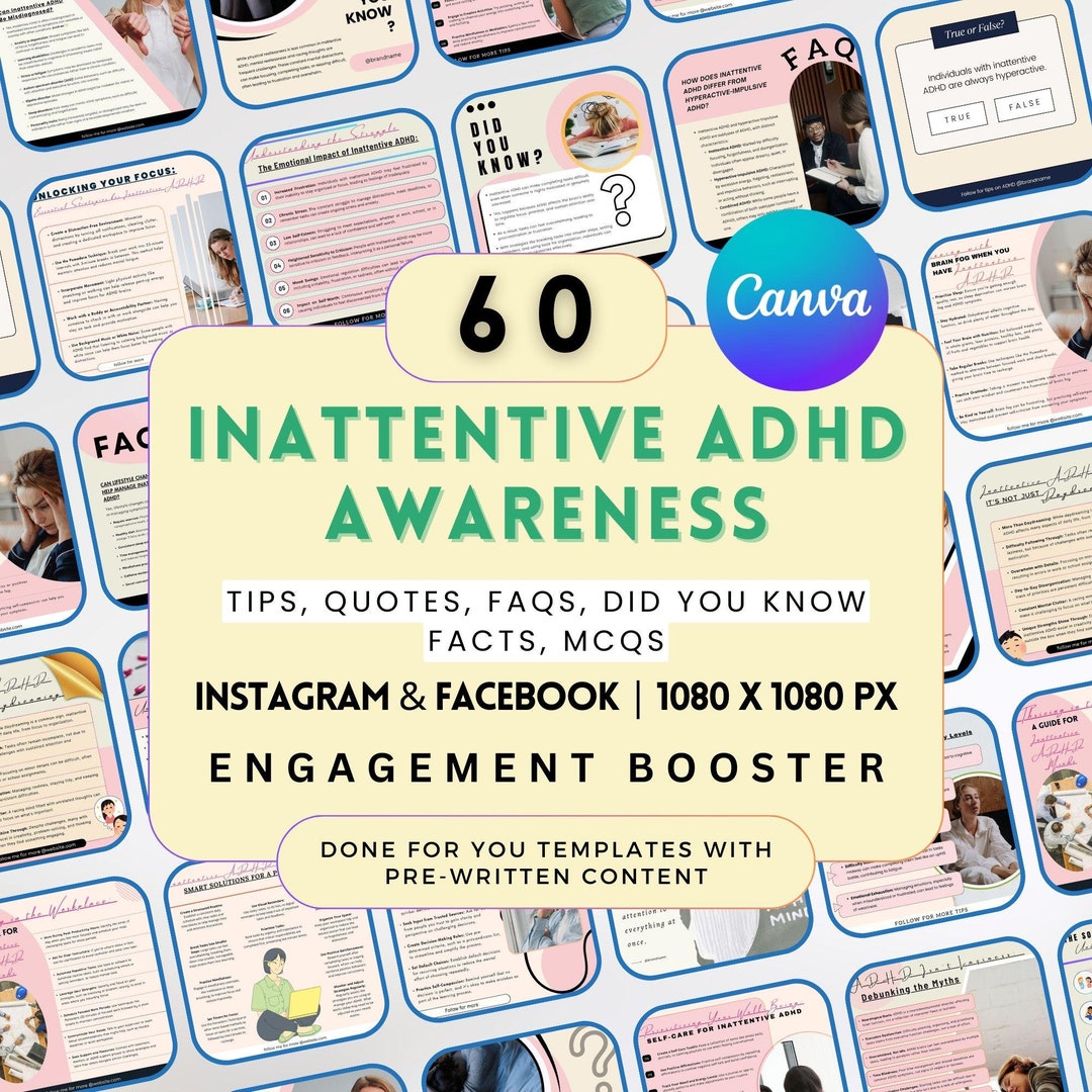 ADHD Instagram Post Templates: Mental Health, Therapist Social Media ...
