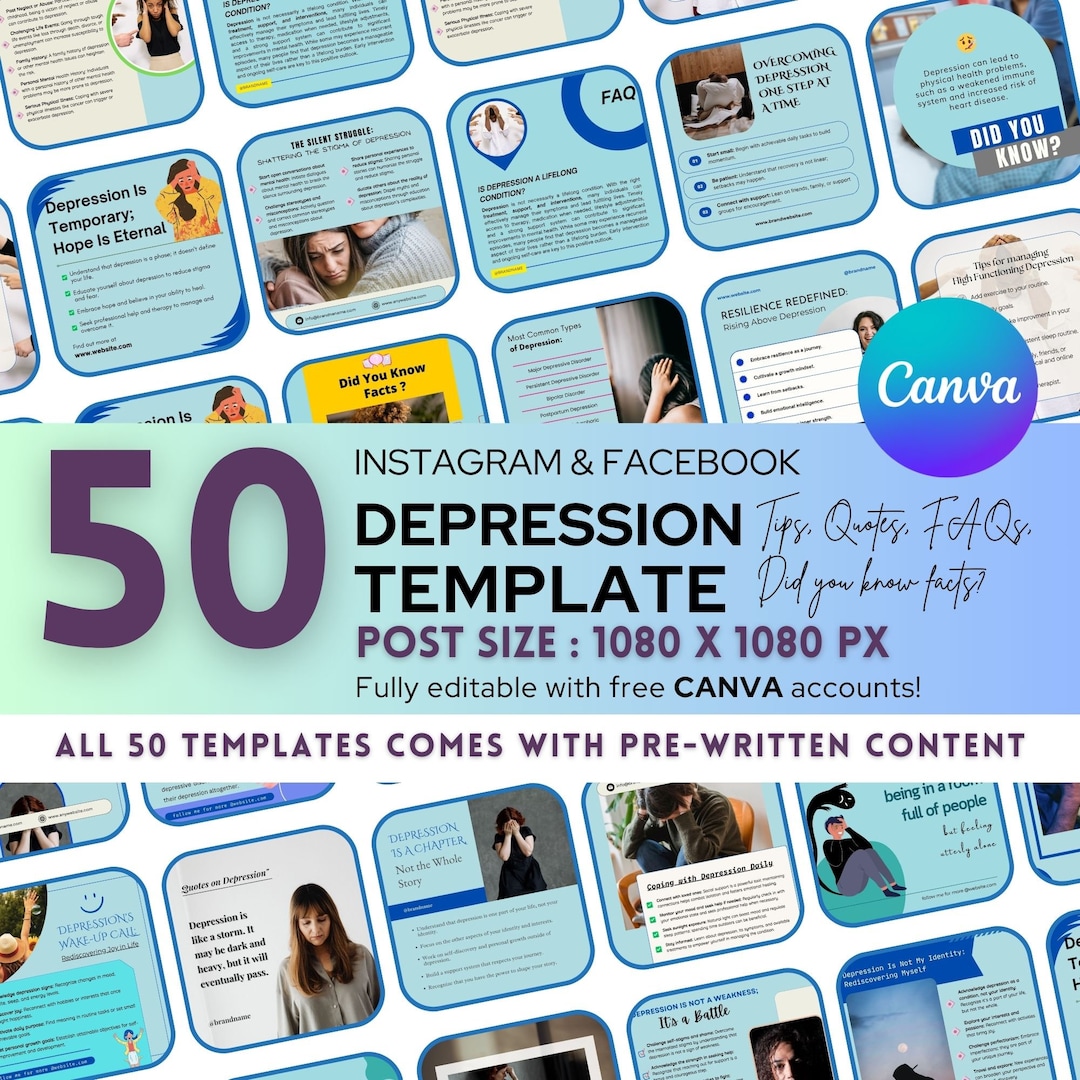 Depression Instagram Post Bundle: 50 Editable Canva Template (digital ...