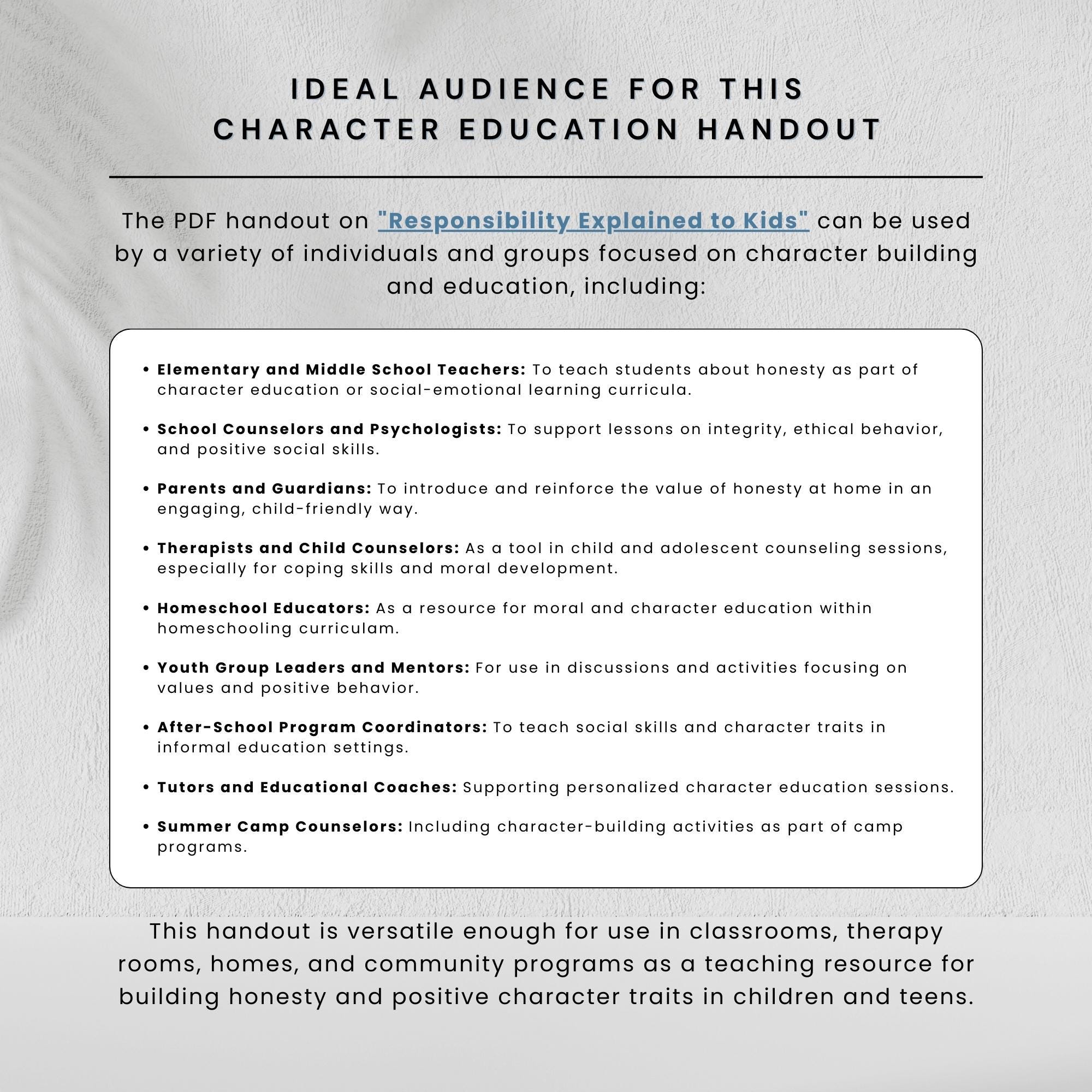 Responsibility Worksheet for Kids: Character Education Handout (PDF ...