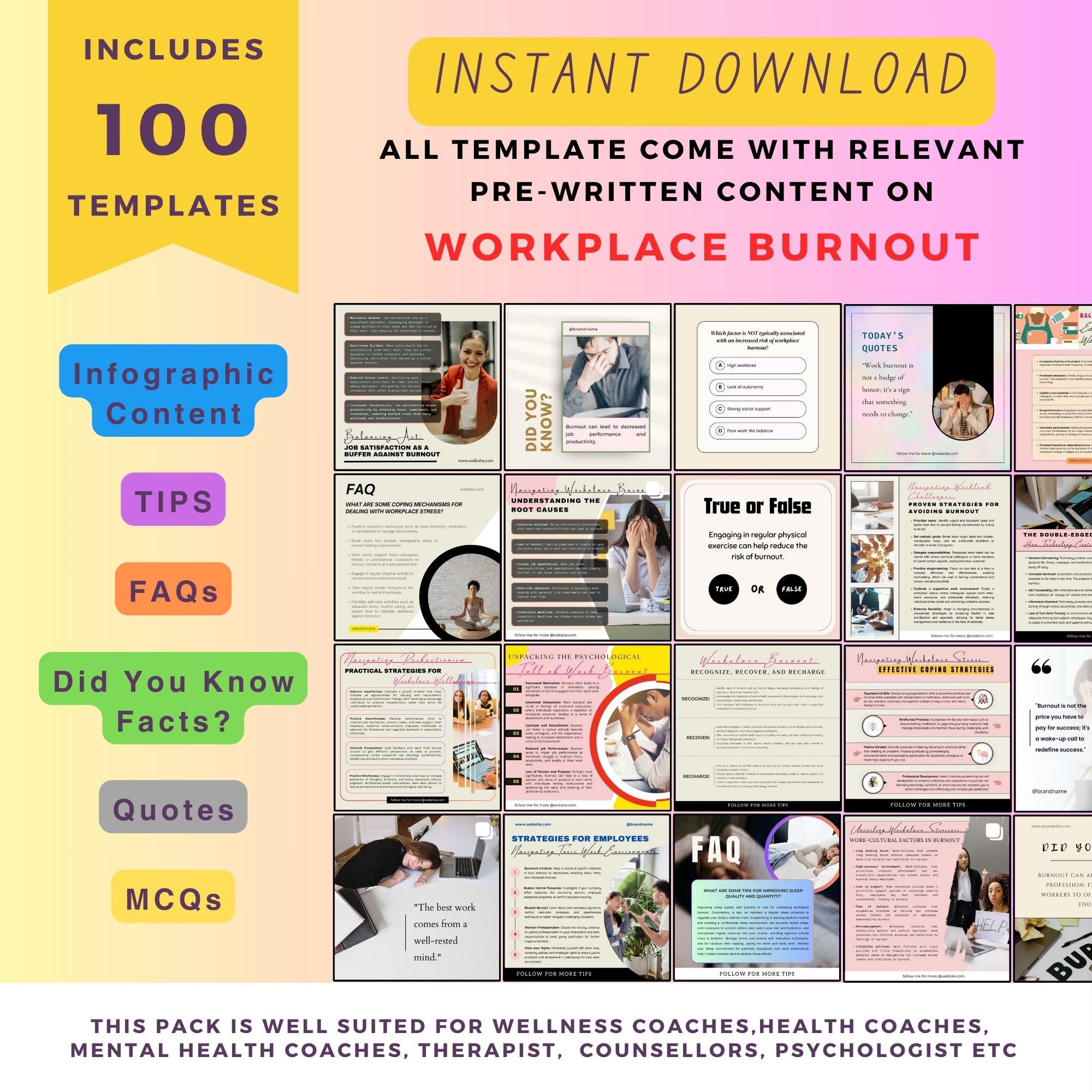 Workplace Mental Burnout Instagram Bundle: 100 Editable Canva Templates ...