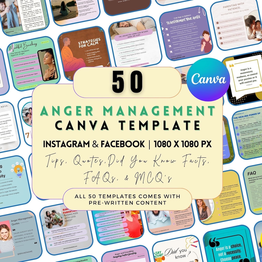Anger Management Instagram Bundle: 50 Editable Canva Templates (digital ...