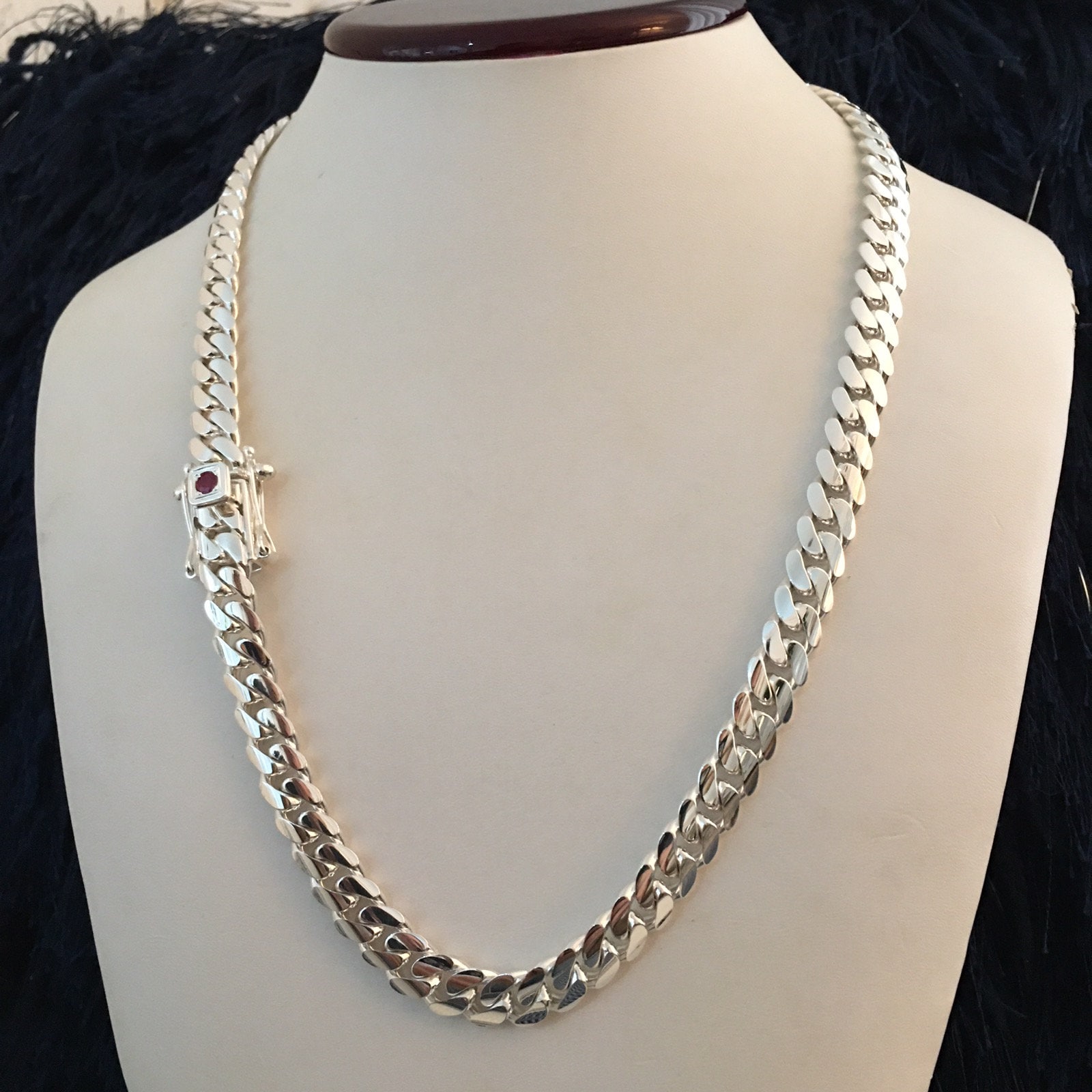 10mm 22inch Hand Made Cuban Link 999 Pure Solid Silver with Real Ruby ...