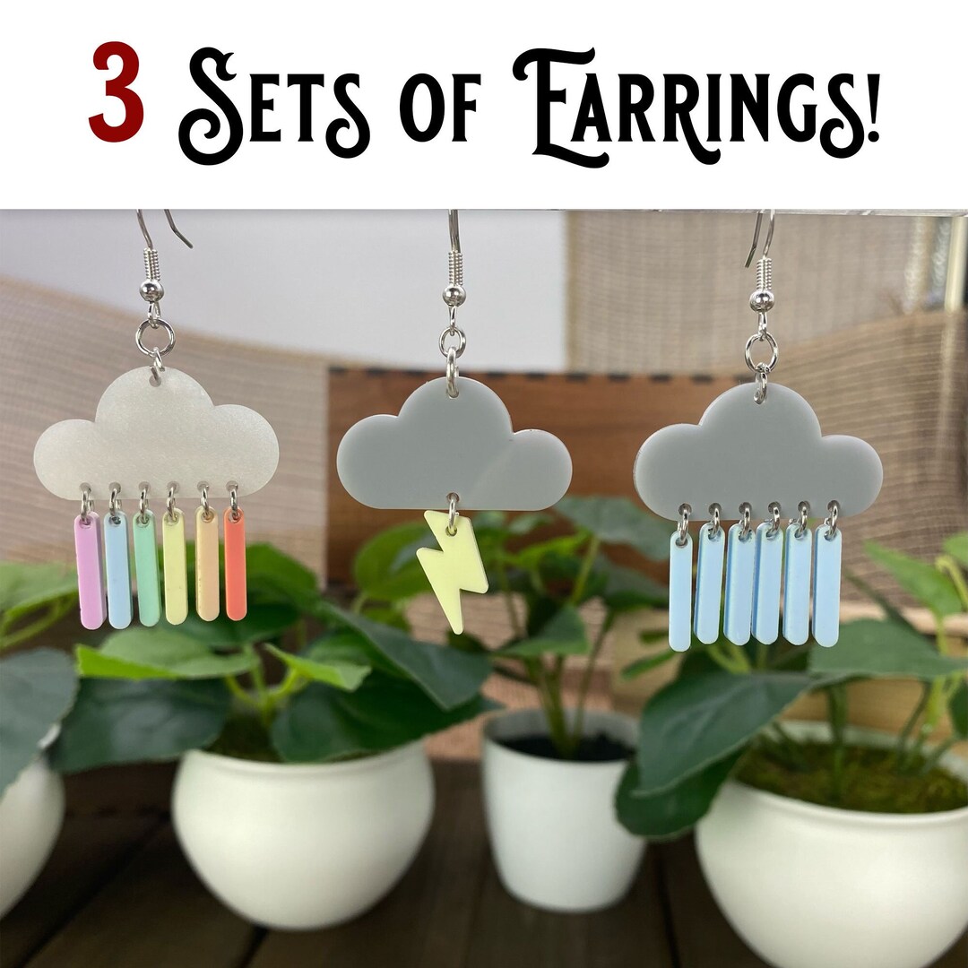 Rainbow Cloud, Rain Storm Cloud & Lightning Cloud Dangle Earrings Set ...