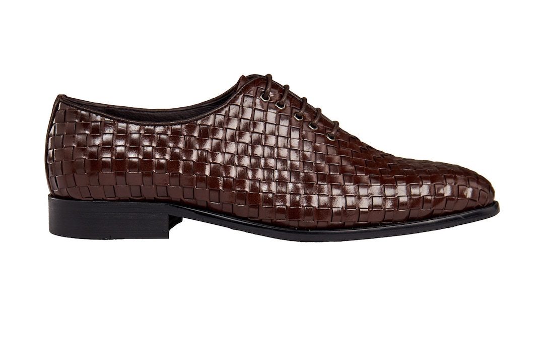 Mens Hand Crafted Woven Calf Leather Oxfords Classic Basket Weave Lace ...