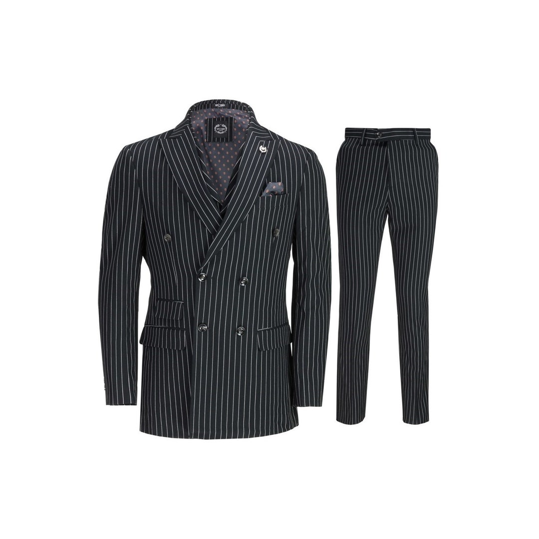 ALFRED Mens 3 Piece Black Pinstripe Suit Tailored Fit Double Breasted ...