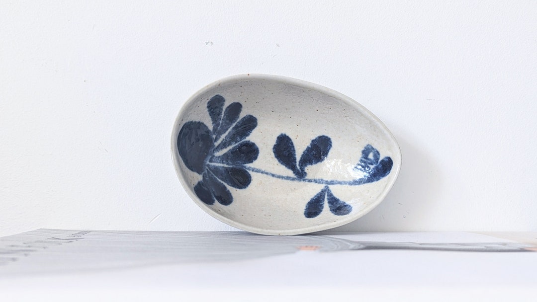 Signed Vintage Blue Ceramic Avocado Pear Dish With Hand Painted Flower ...
