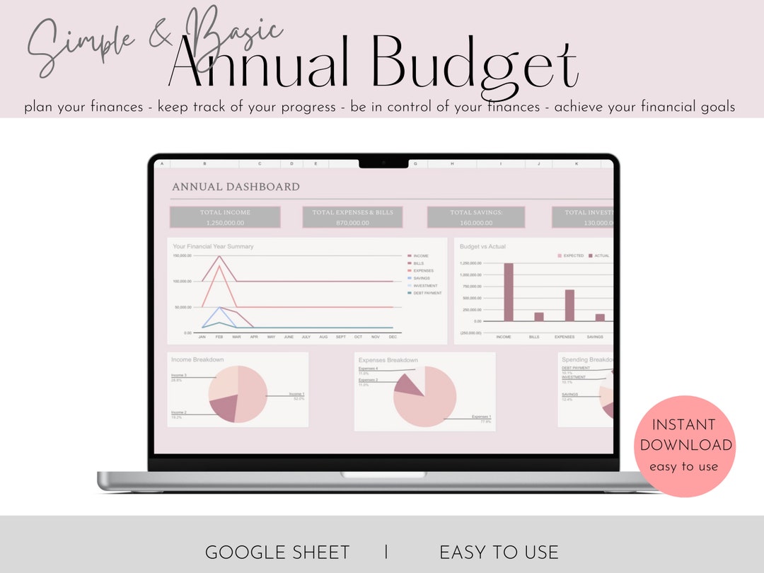 Simple and Basic Annual Budget Spreadsheet Template for Google Sheet ...