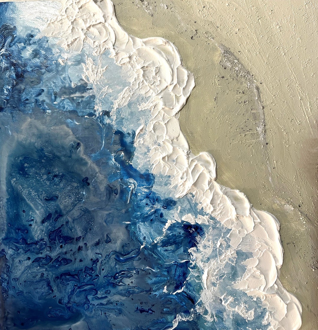 Ocean Wave Water Sandy Beach Abstract Textured Acrylic Painting on Canvas, Blues, Beige, White ...