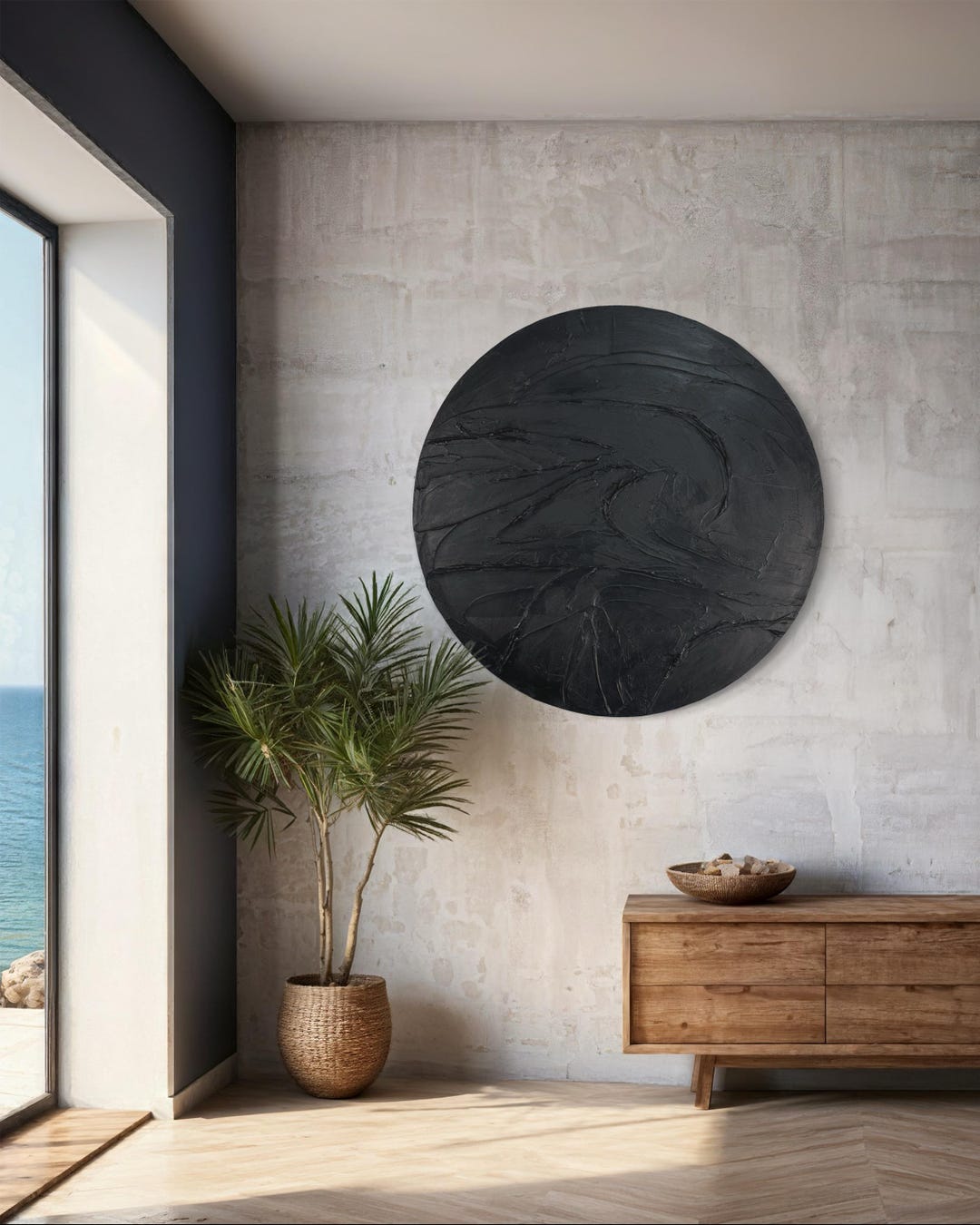 Round Black Textured Art - Wabi Sabi Japandi Abstract Painting - Large ...