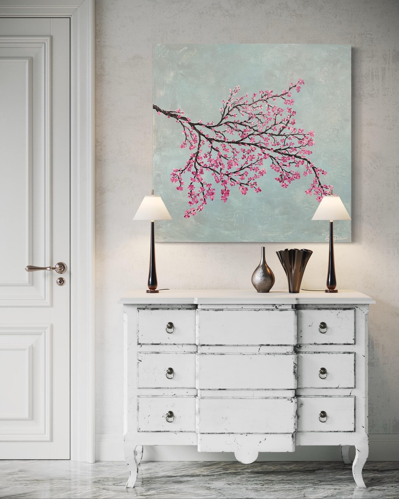 Japanese Cherry Blossom Painting - Sakura Wall Art - Pink Flower Art ...