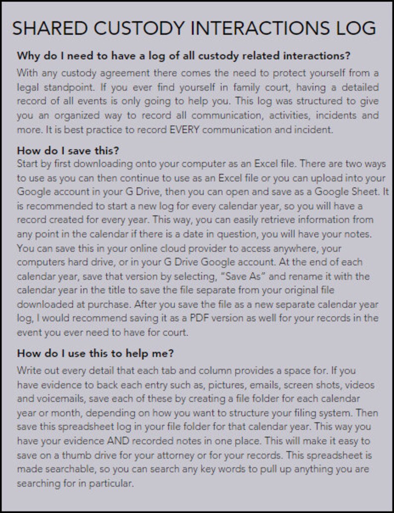 Shared Custody Interactions Log - Etsy