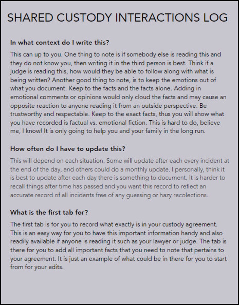 Shared Custody Interactions Log - Etsy