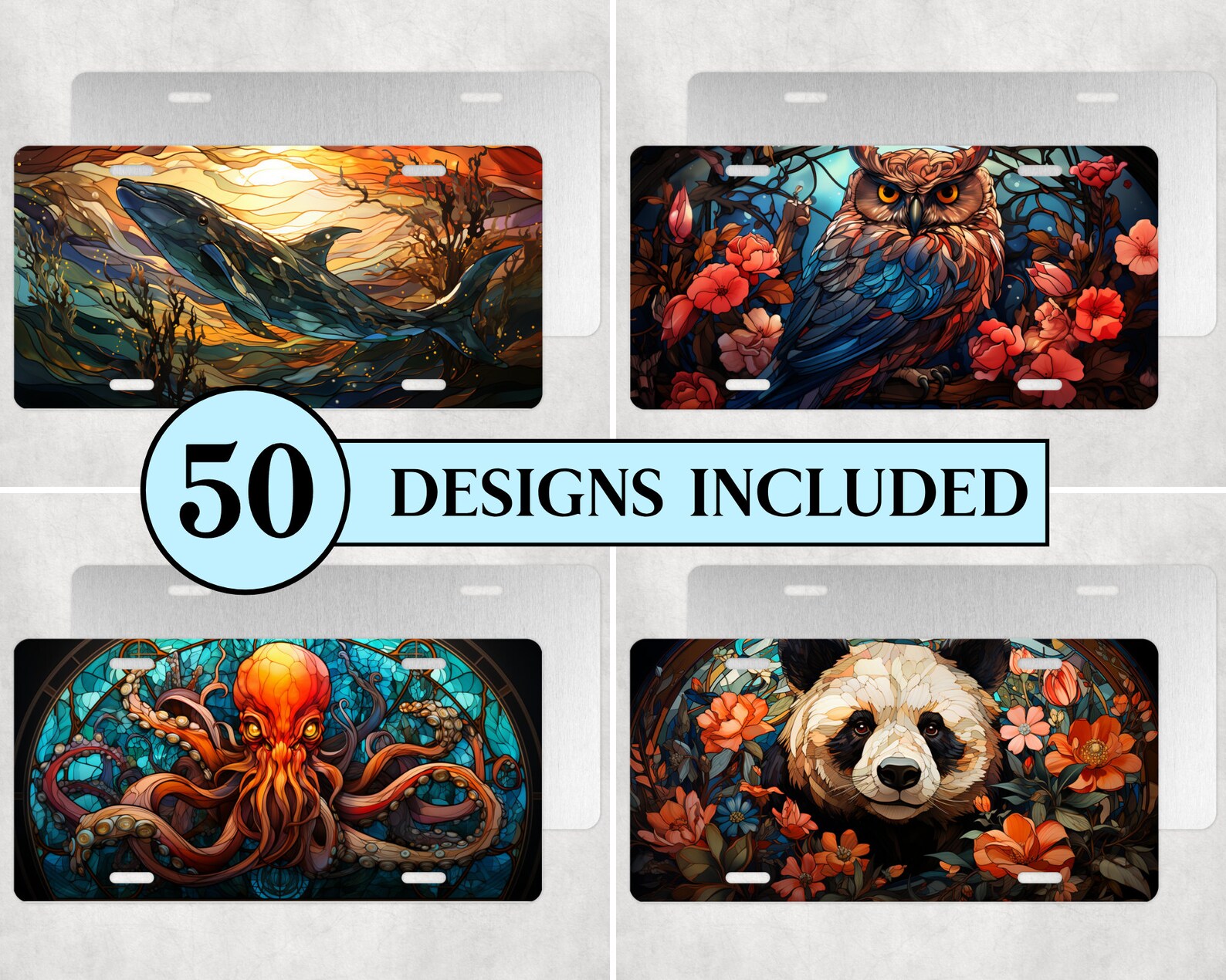 50 Stained Glass Animal License Plate Designs: Sublimation PNG Bundle ...