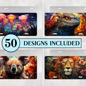 50 Stained Glass Animal License Plate Designs: Sublimation PNG Bundle ...
