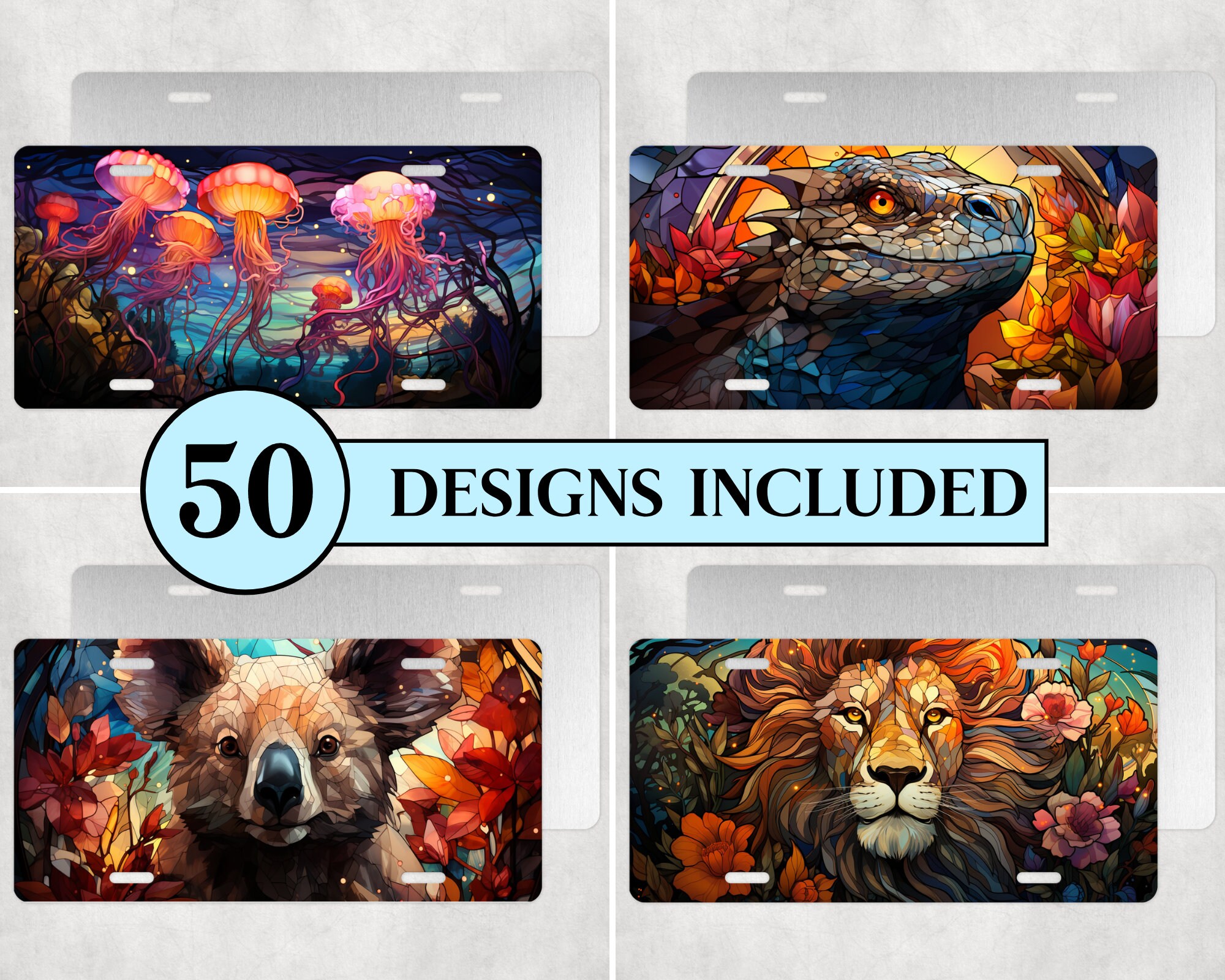 50 Stained Glass Animal License Plate Designs Bundle, Car License Plate ...