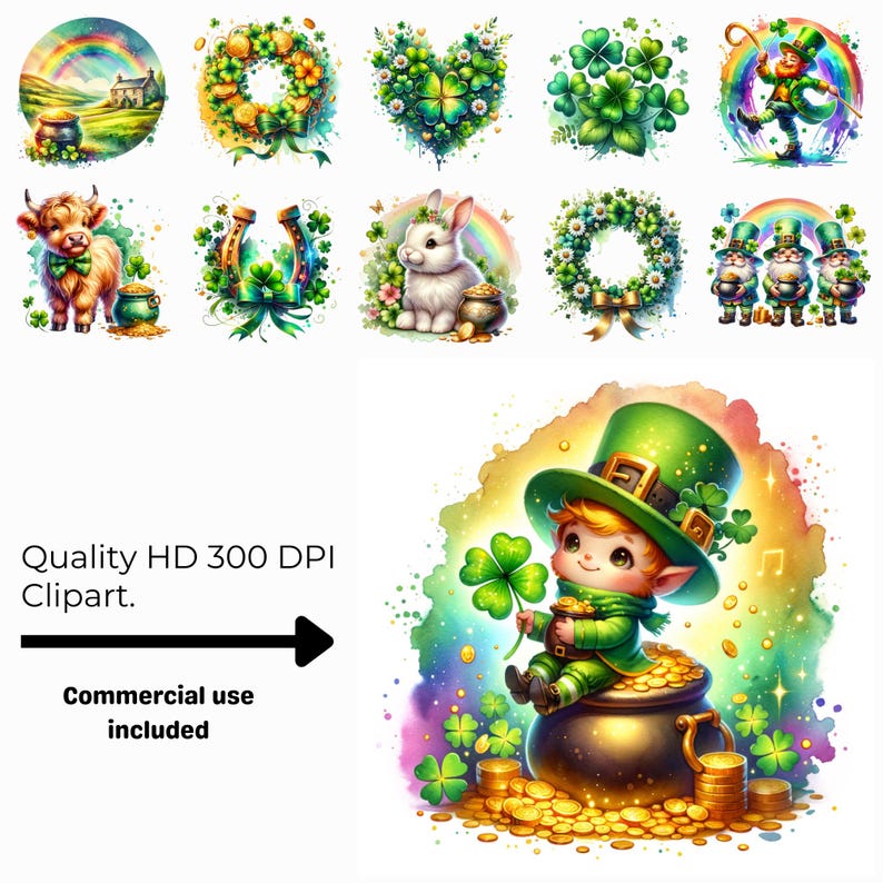 Watercolor St Patricks Day Clipart, 4 Leaf Clover Shamrock JPEG, Irish ...
