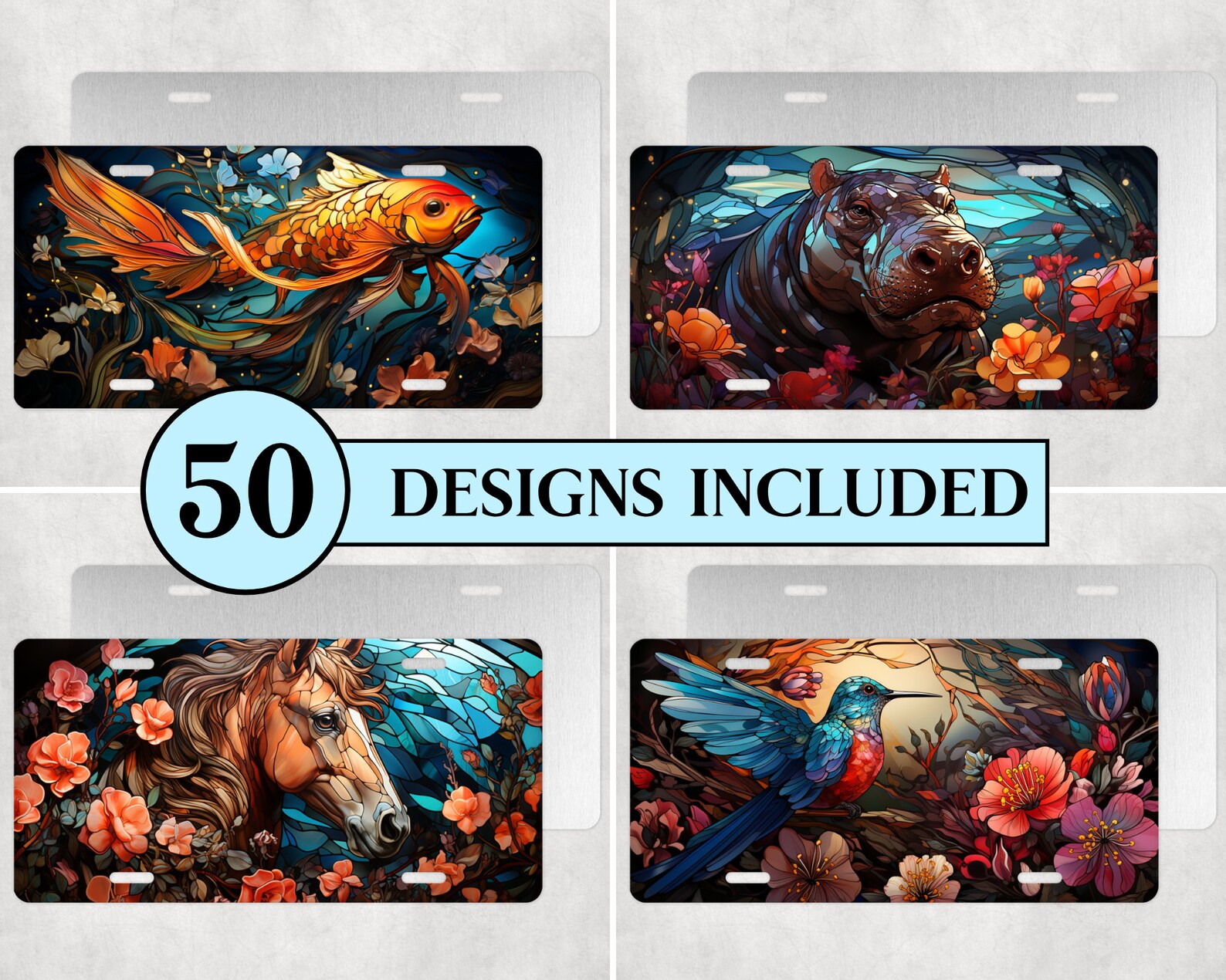 50 Stained Glass Animal License Plate Designs: Sublimation PNG Bundle ...