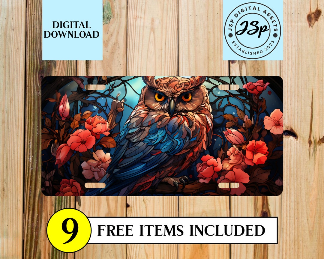 Owl License Plate Png, Bird License Plate Wrap, Stained Glass Png ...