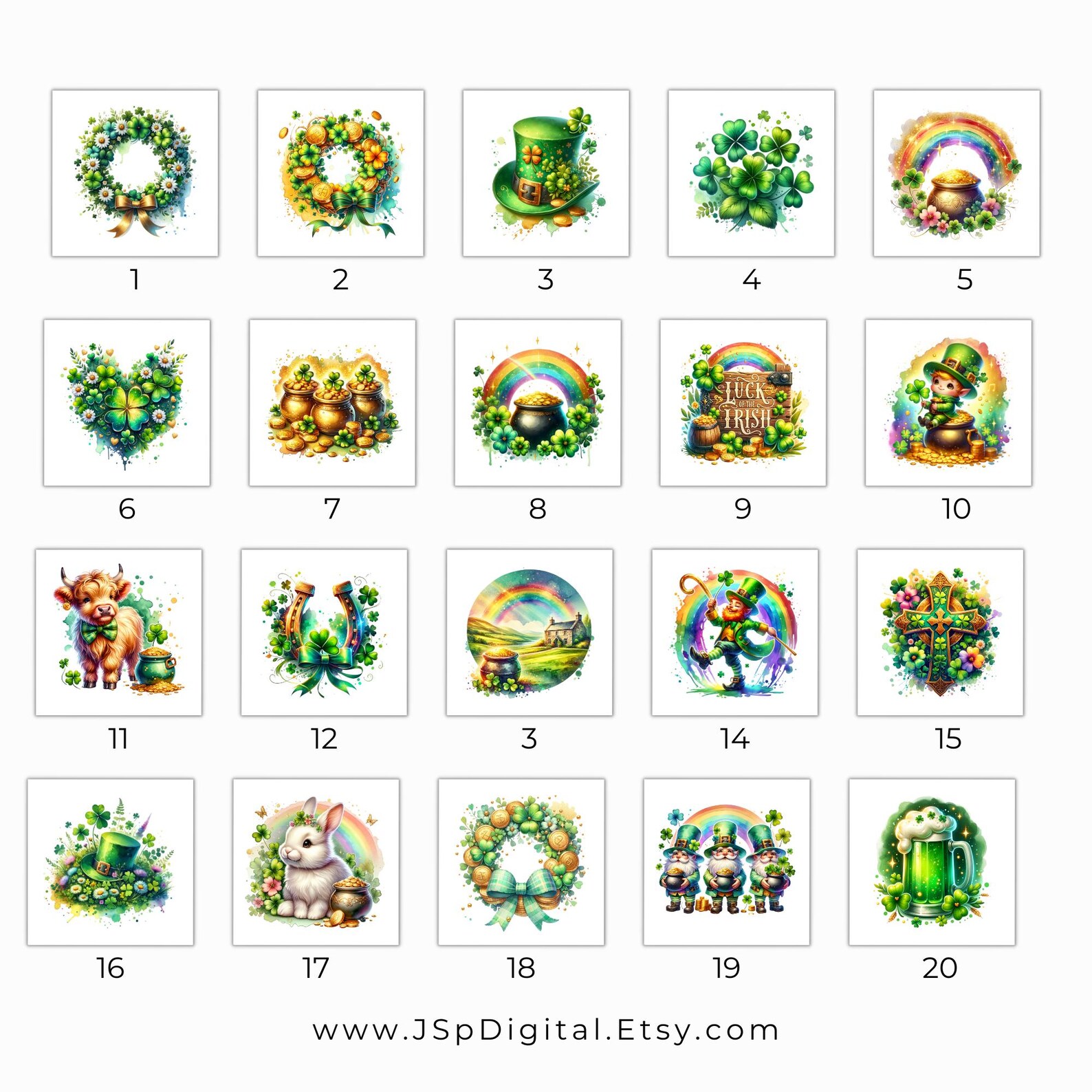 Watercolor St Patricks Day Clipart, 4 Leaf Clover Shamrock JPEG, Irish ...