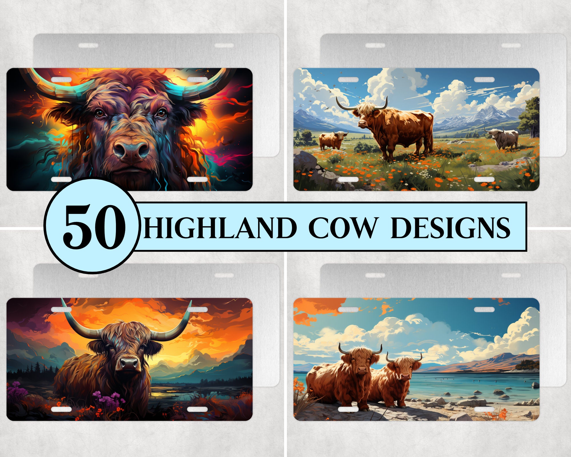 50 Highland Cow License Plate Designs: Sublimation PNG Bundle (digital ...