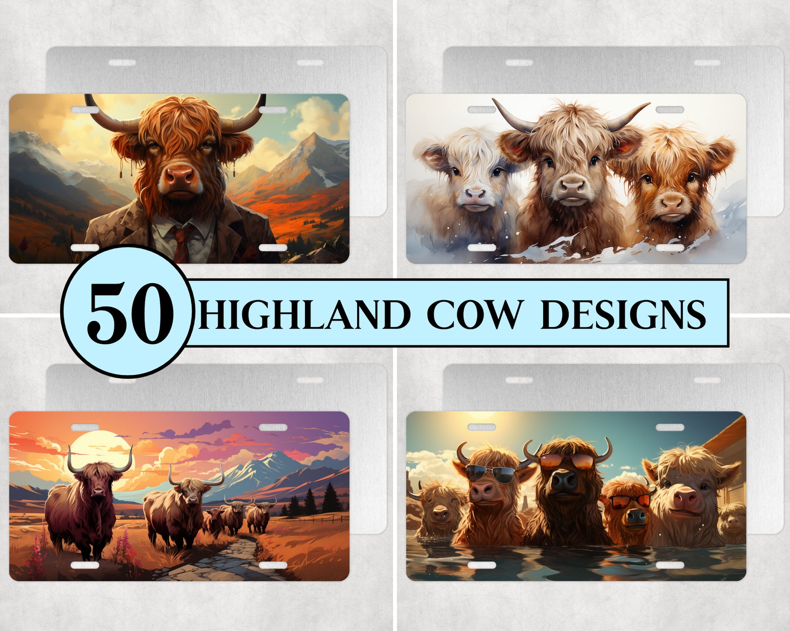 50 Highland Cow License Plate Designs: Sublimation PNG Bundle (digital ...