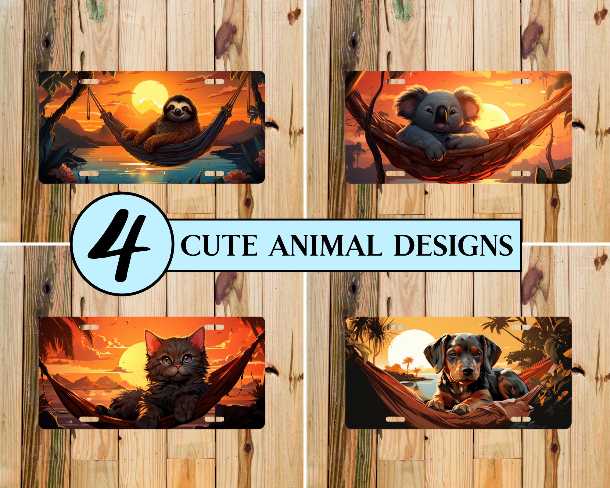 4 Cute Animals in Hammocks License Plate PNG Sublimation Design Bundle ...