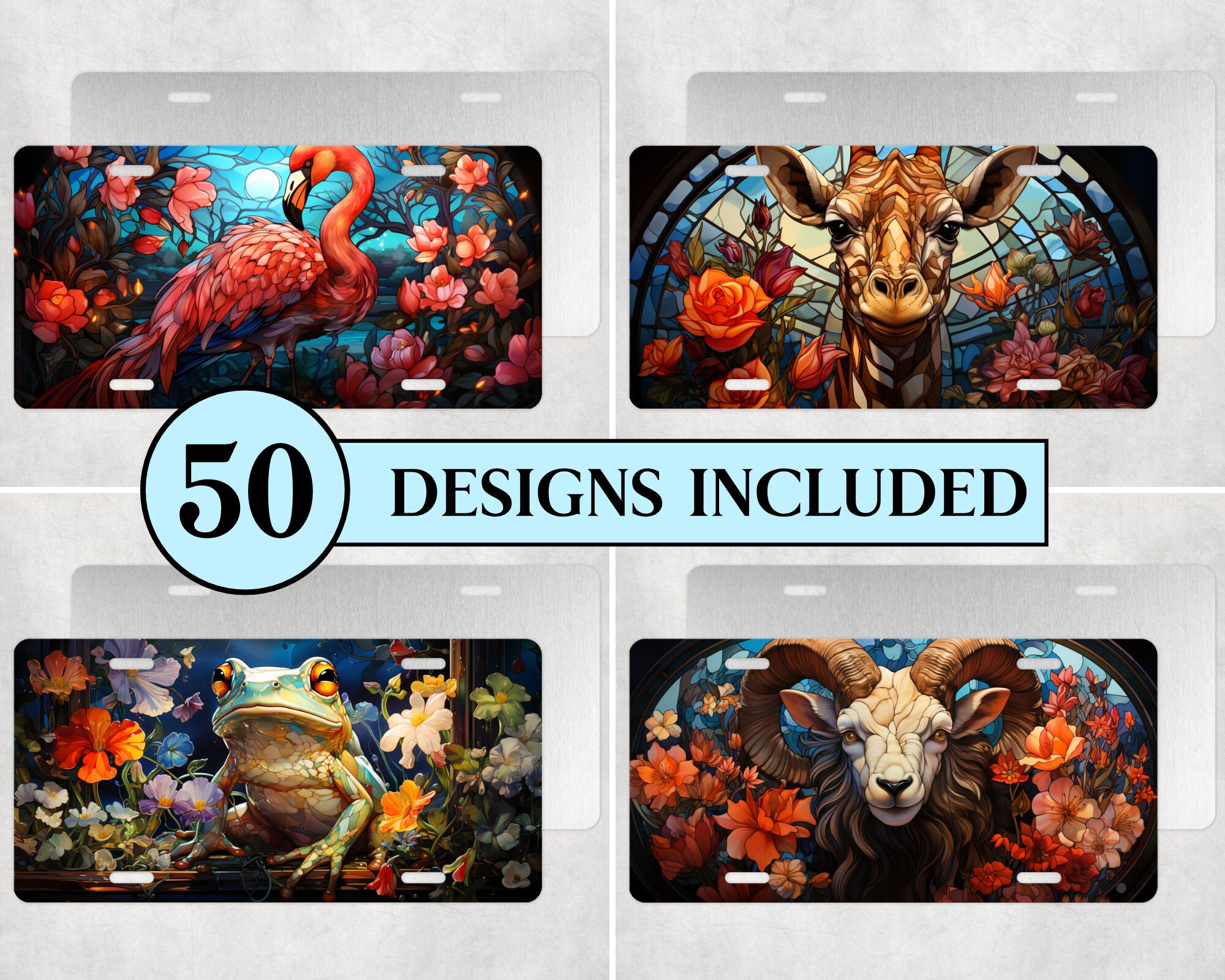 50 Stained Glass Animal License Plate Designs: Sublimation PNG Bundle ...