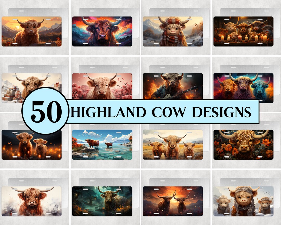 50 Highland Cow License Plate Designs: Sublimation PNG Bundle (digital ...