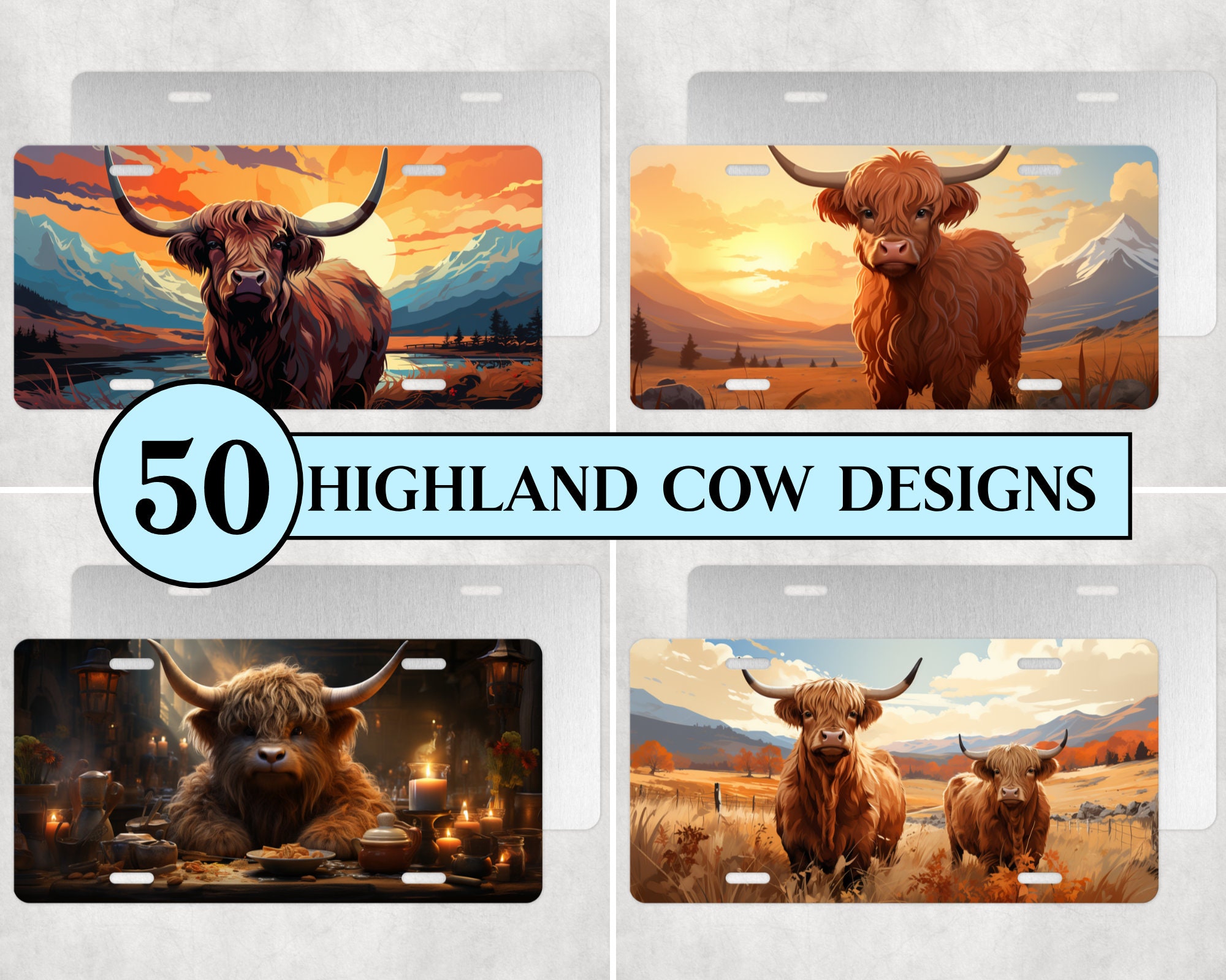 50 Highland Cow License Plate Designs: Sublimation PNG Bundle (digital ...