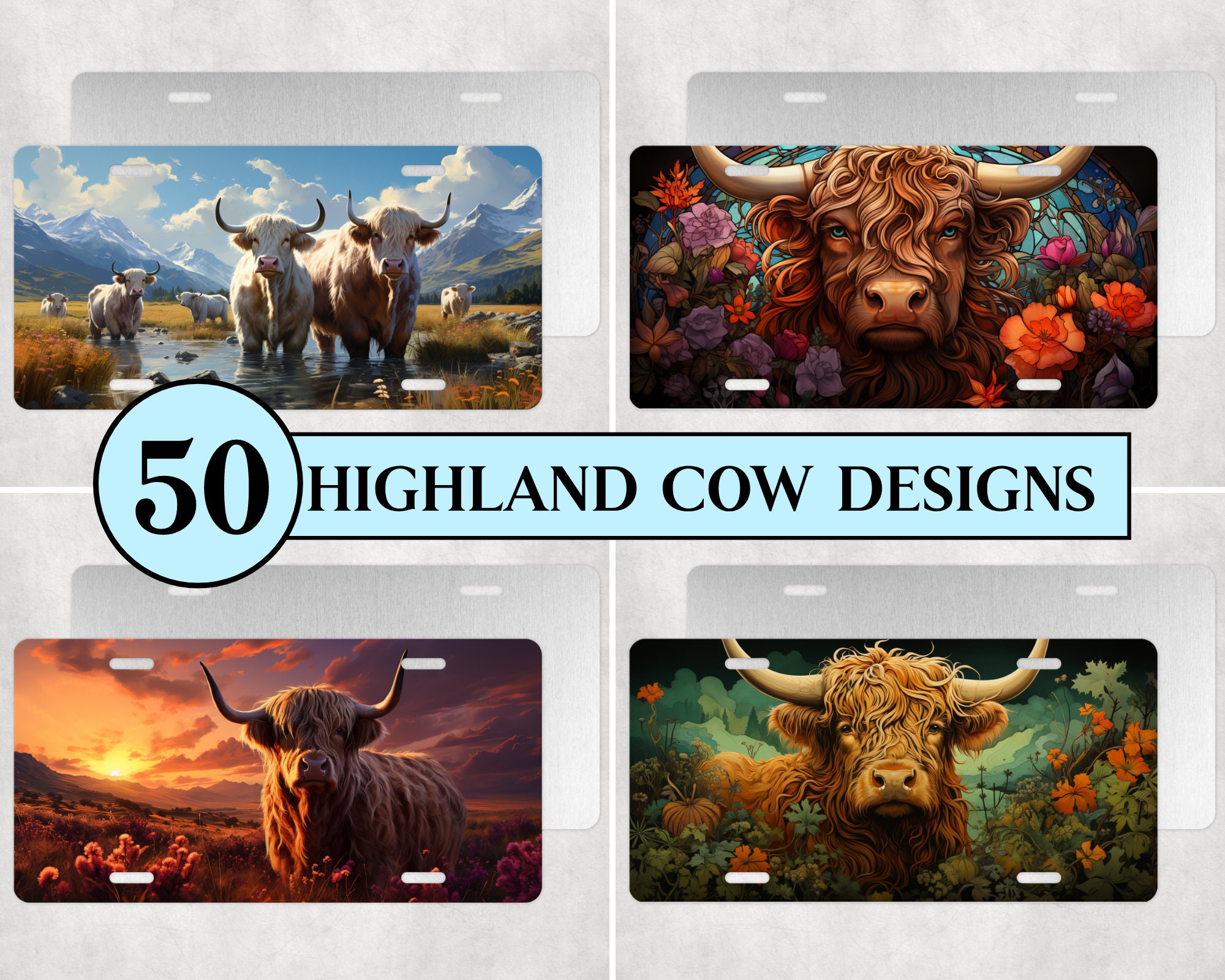 50 Highland Cow License Plate Designs: Sublimation PNG Bundle (digital ...