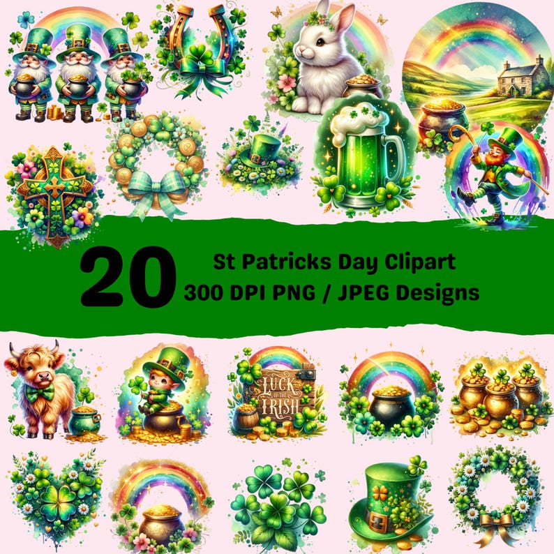Watercolor St Patricks Day Clipart, 4 Leaf Clover Shamrock JPEG, Irish ...