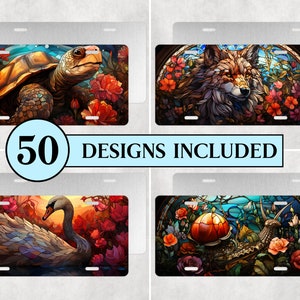 50 Stained Glass Animal License Plate Designs: Sublimation PNG Bundle ...