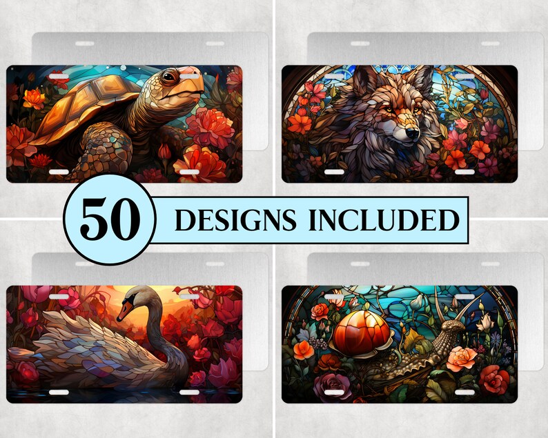 50 Stained Glass Animal License Plate Designs: Sublimation PNG Bundle ...