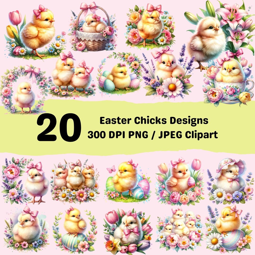 Watercolor Easter Chick Clipart PNG Bundle, Pink Coquette Bow Easter ...