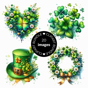 Watercolor St Patricks Day Clipart, 4 Leaf Clover Shamrock JPEG, Irish ...