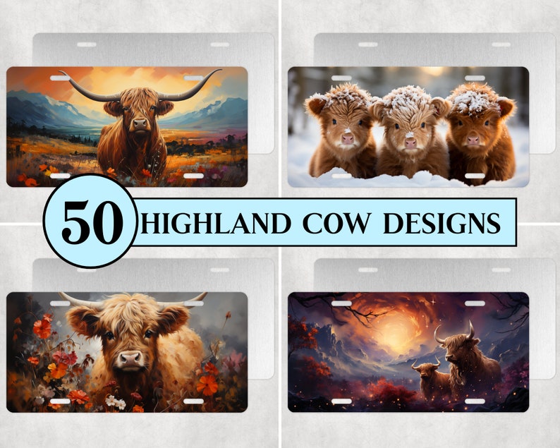 50 Highland Cow License Plate Designs: Sublimation PNG Bundle (digital ...