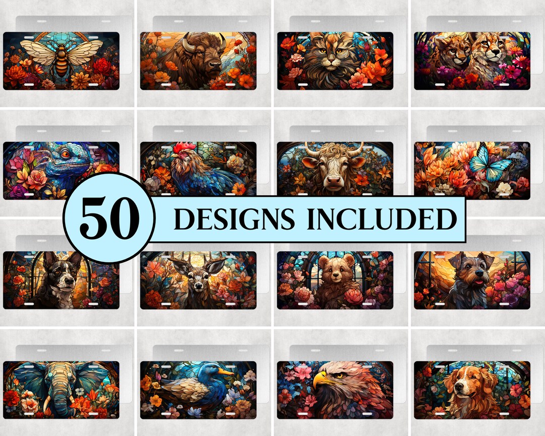 50 Stained Glass Animal License Plate Designs: Sublimation PNG Bundle ...