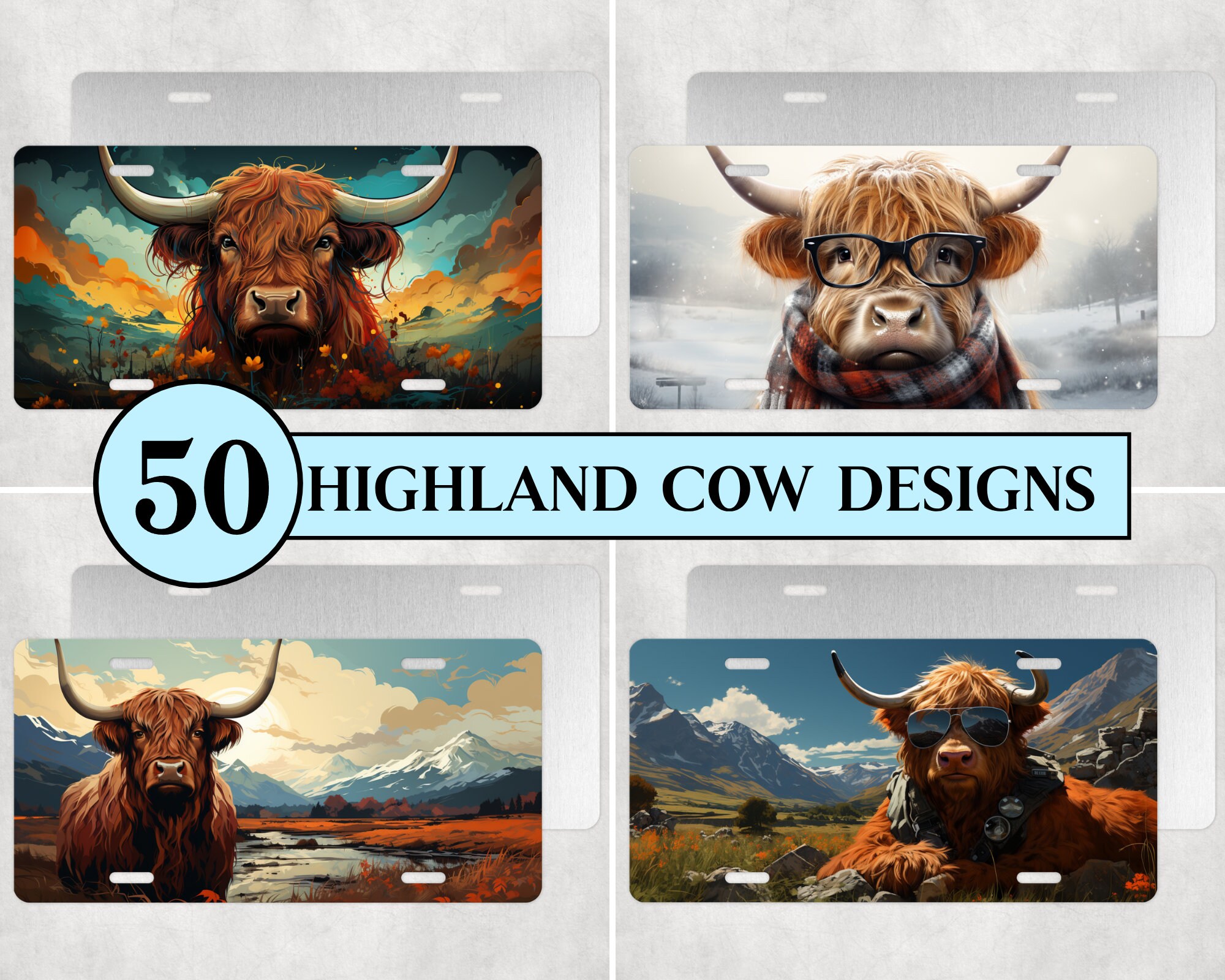 50 Highland Cow License Plate Designs: Sublimation PNG Bundle (digital ...