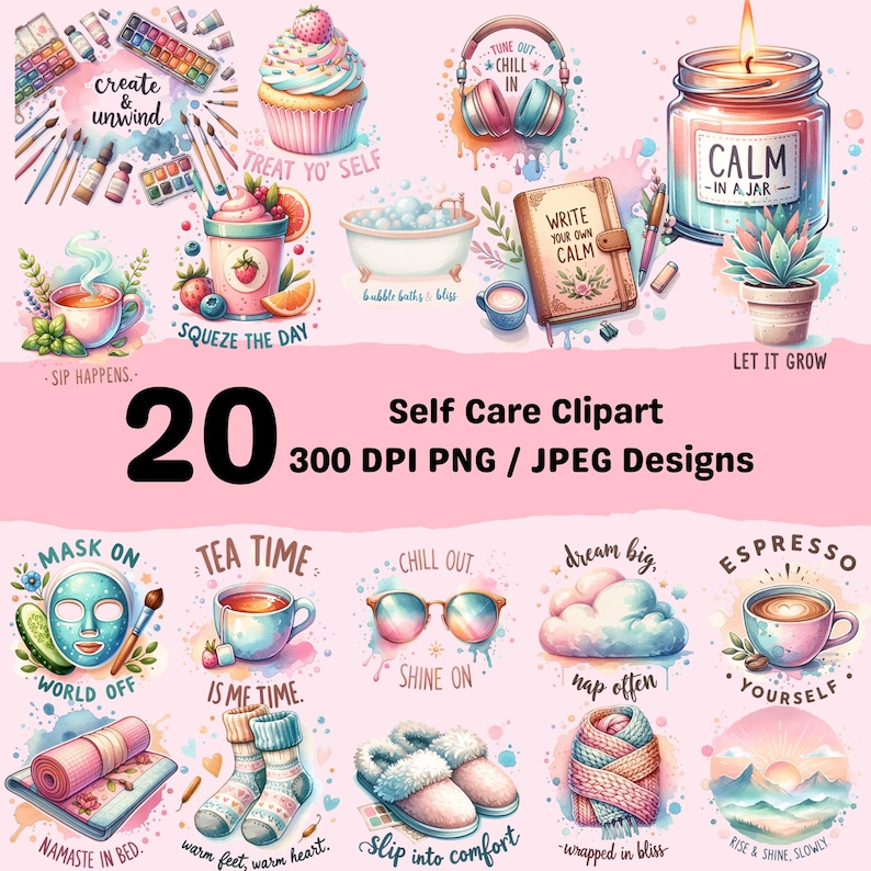 Watercolor Cozy Self Care Clipart Set, Spa Digital Stickers for ...