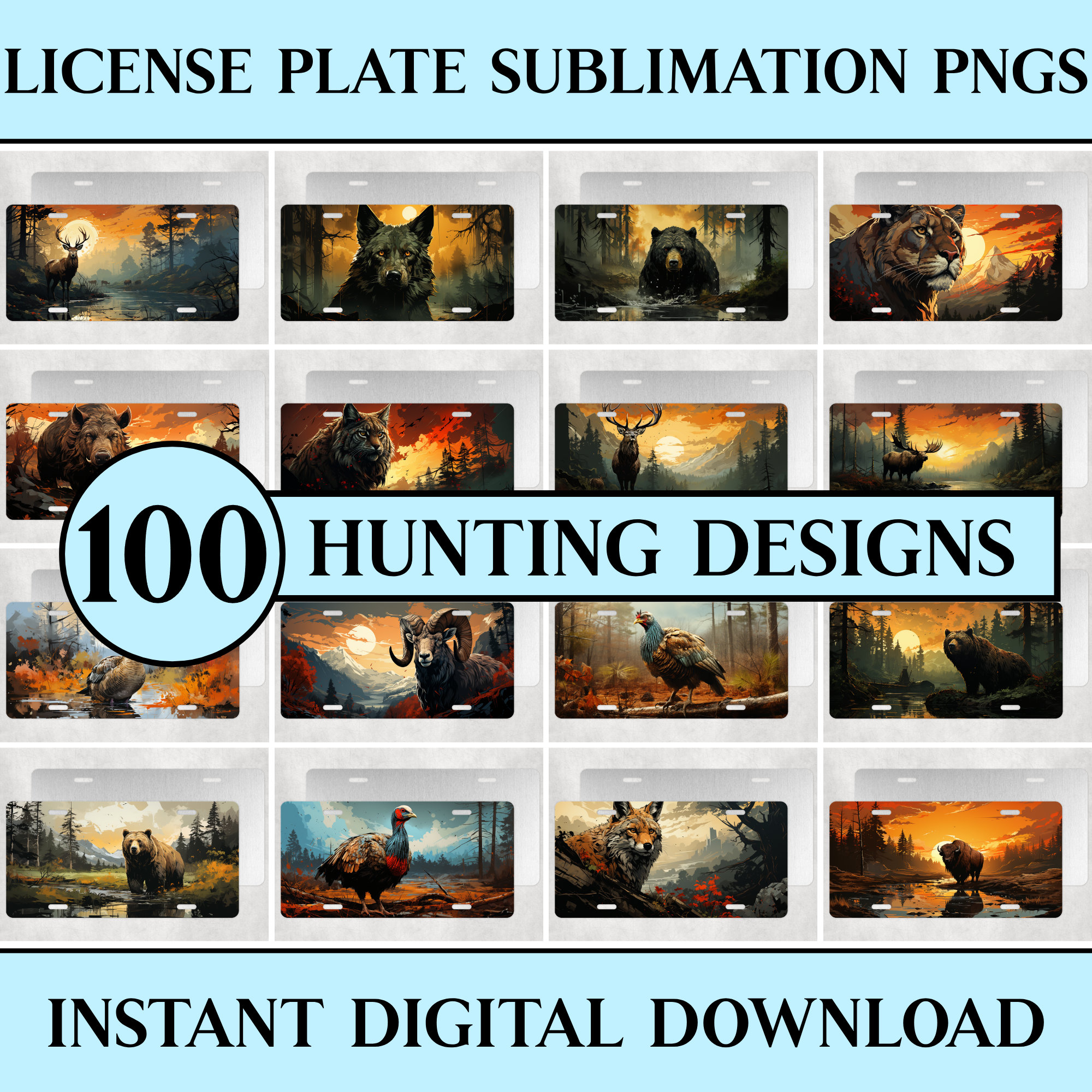 100 Hunting License Plate PNG Bundle: Wildlife Designs for Sublimation ...