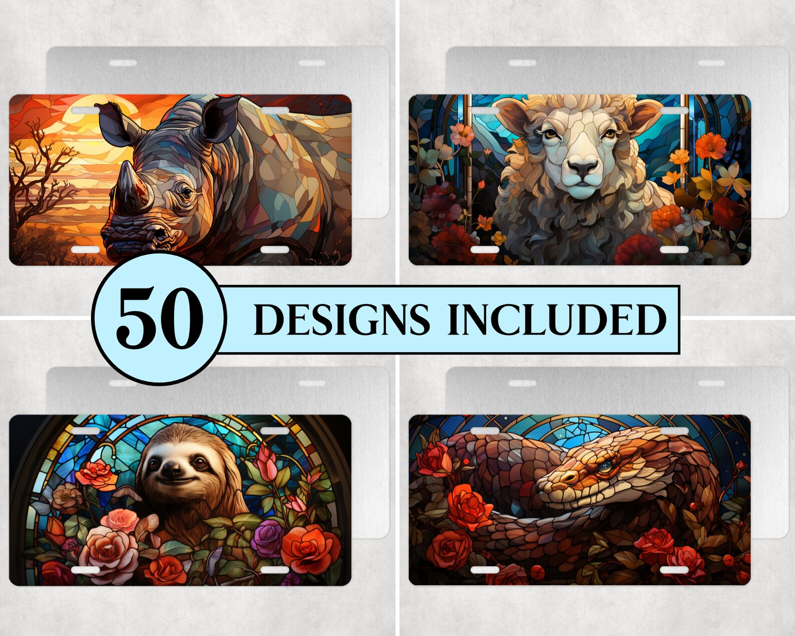 50 Stained Glass Animal License Plate Designs: Sublimation PNG Bundle ...