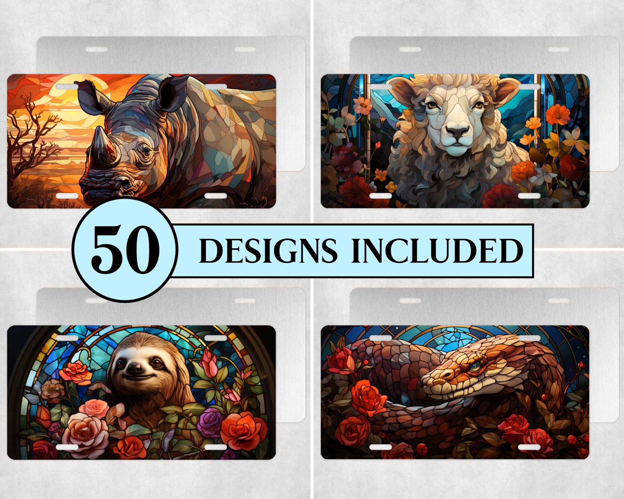 50 Stained Glass Animal License Plate Designs Bundle, Car License Plate ...
