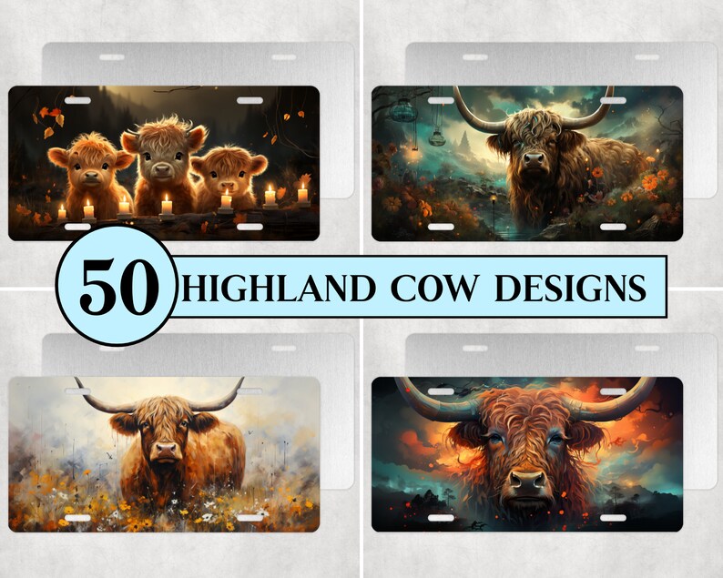 50 Highland Cow License Plate Designs: Sublimation PNG Bundle (digital ...