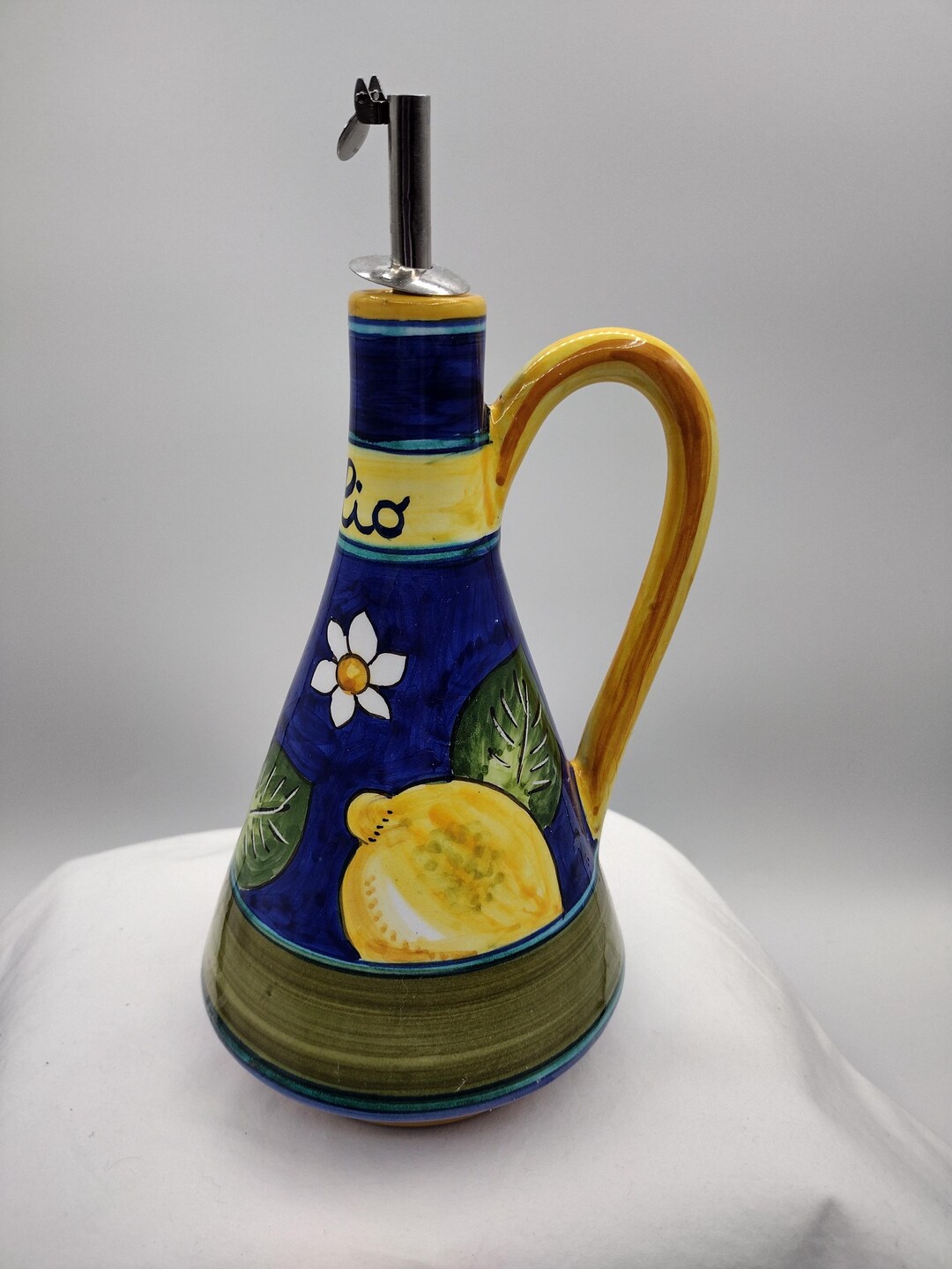 CRUET DERUTA CERAMIC Hand Painted Oil Cruet Lemon on Blue Pattern Made ...