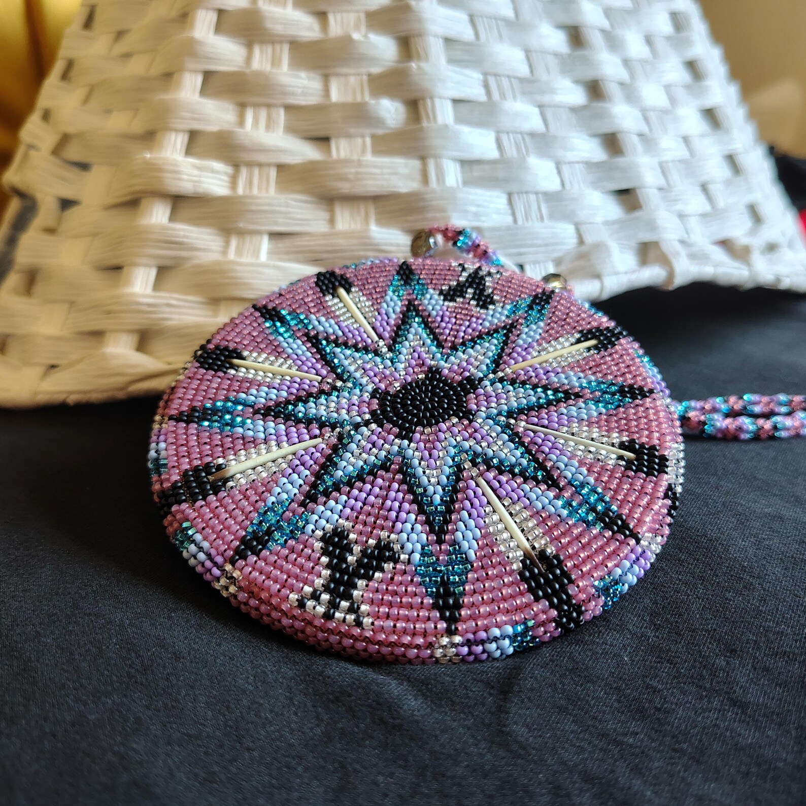 Turtle Porcupine Quill Feathers Larger Medallion Native Beadwork SD BH ...
